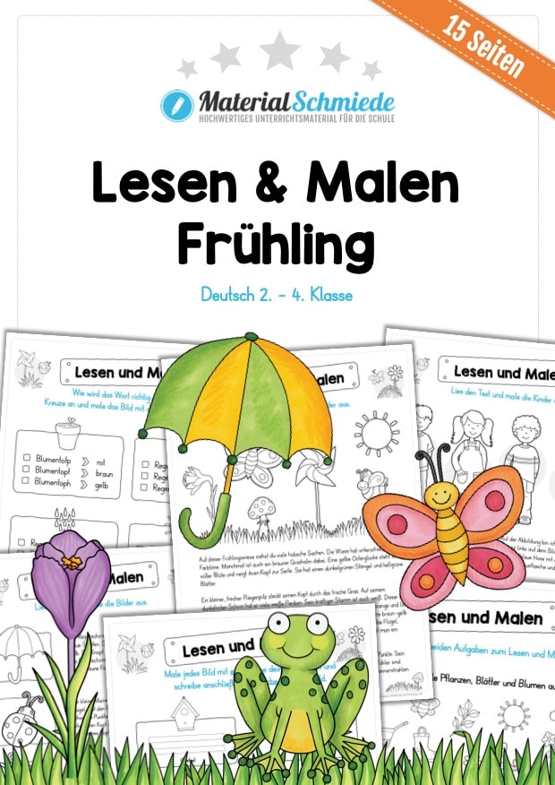 15 Arbeitsblätter zum Lesen & Malen im Frühling