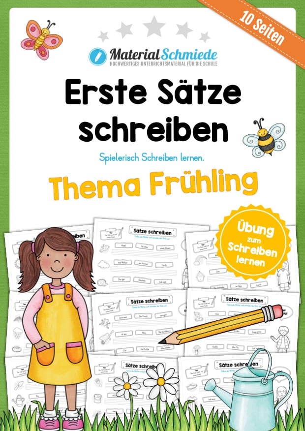 Erste Sätze schreiben: Schüttelsätze Frühling (10 Arbeitsblätter)