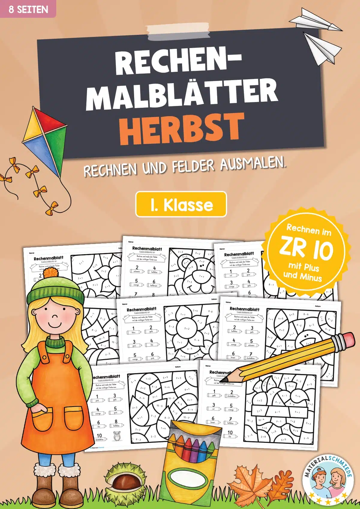 8 Rechenmalblätter Herbst: Zahlenraum 10